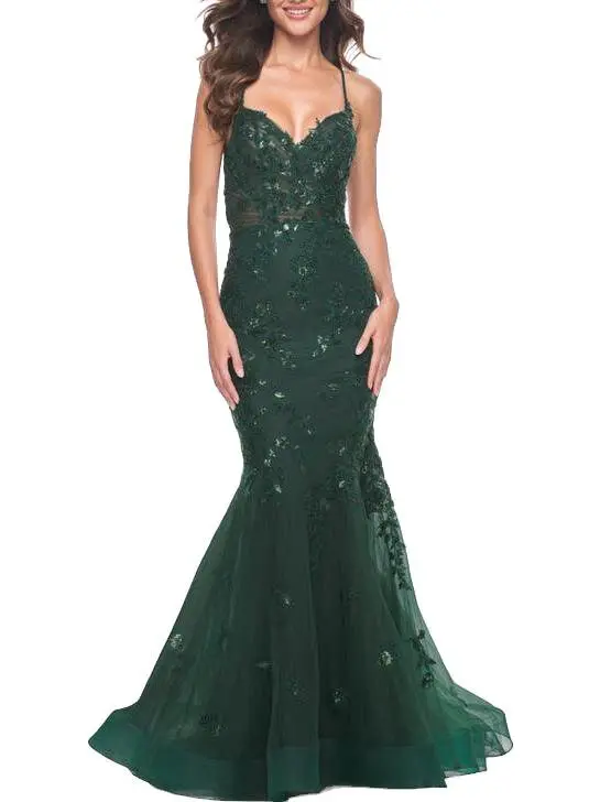 LABOMME Sequin Applique Mermaid Prom Gown - Dark Emerald