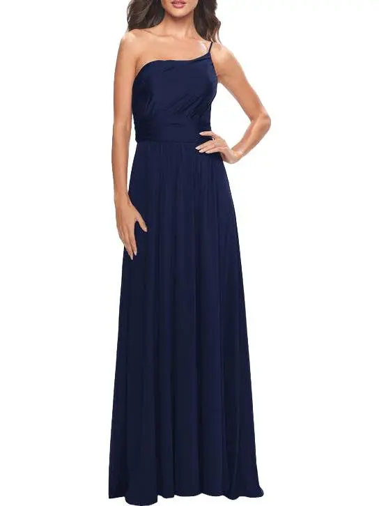 La Femme One-shoulder Jersey Gown - Navy