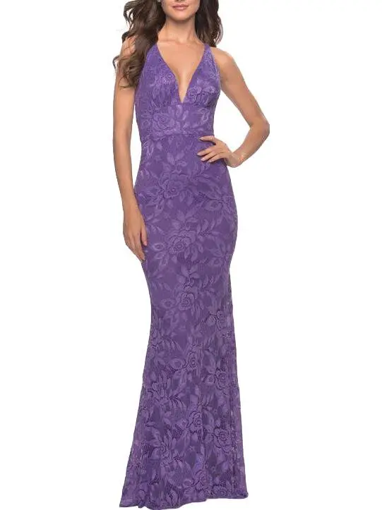 LABOMME Fitted Stretch Lace Prom Dress - Purple