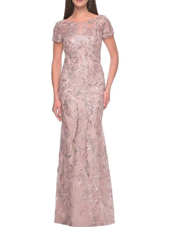 LABOMME Beaded Lace Evening Gown With Short Sleeves - Mauve