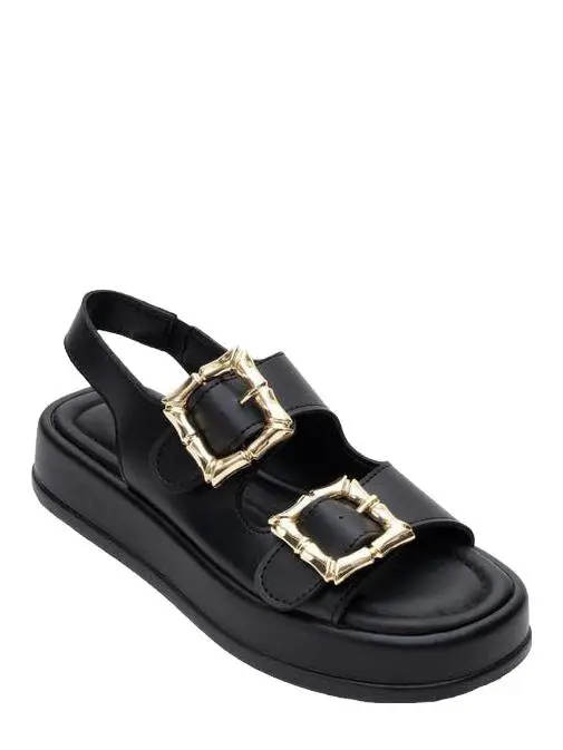 PROLOGUE SHOES Slope Double Strap Sandals - Black Faux Leather