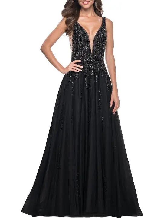 LABOMME A-line Rhinestone And Beaded Embellished Prom Dress - Black