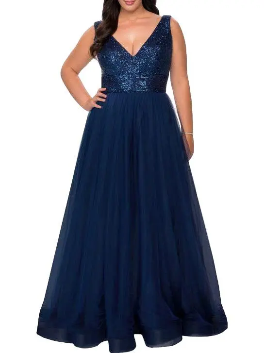 La Femme A-line Gown With Sequin Bodice And Tulle Skirt - Navy