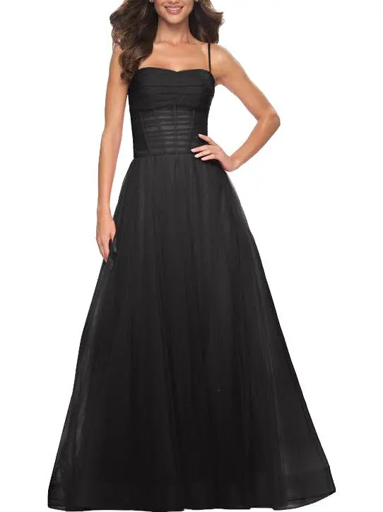 LABOMME A-line Tulle Ballgown With Slit And Illusion Waist - Black