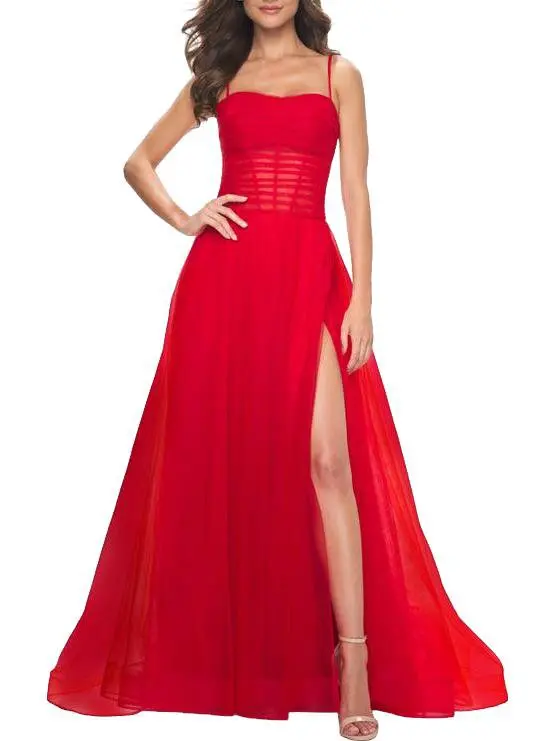 LABOMME A-line Tulle Ballgown With Slit And Illusion Waist - Red