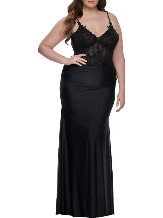 LABOMME Long Jersey Dress With Illusion Lace Bodice - Black