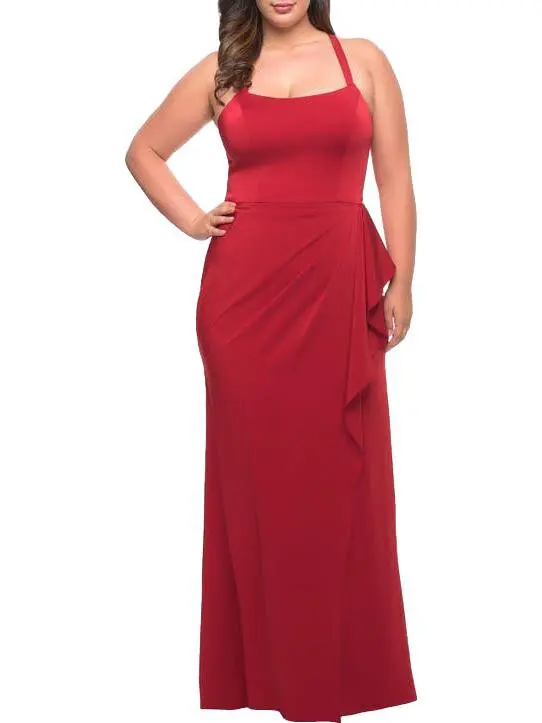 LABOMME Elegant Jersey Gown With Ruffle Slit Detail - Red