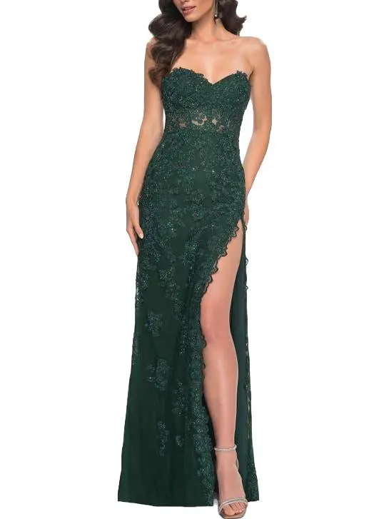 LABOMME Embroidered Lace Fitted Prom Gown With Slit - Dark Emerald