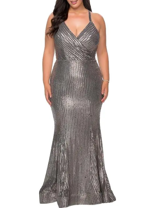 La Femme Sequin Gown With Criss-cross Back - Silver