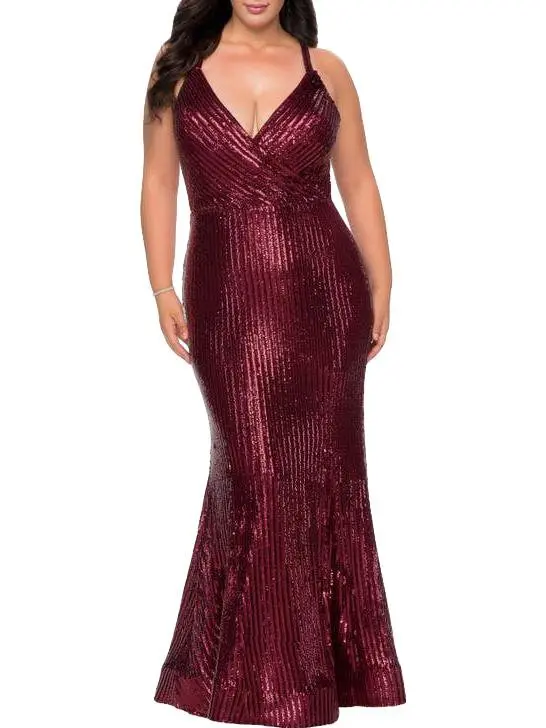 La Femme Sequin Gown With Criss-cross Back - Wine