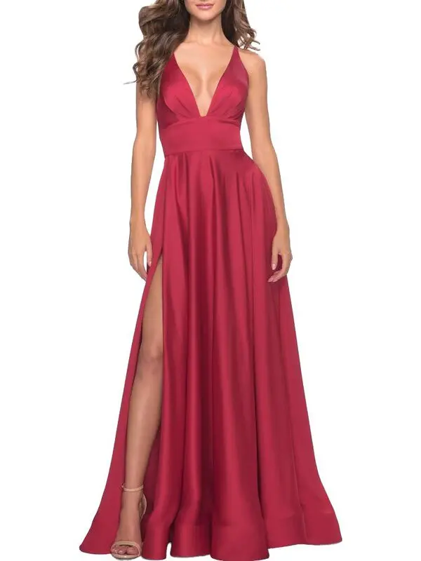 LABOMME A-line Satin Gown With Deep V And Slit - Red