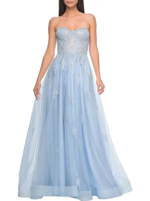 La Femme Lace A-line Gown With Rhinestone Details - Cloud Blue