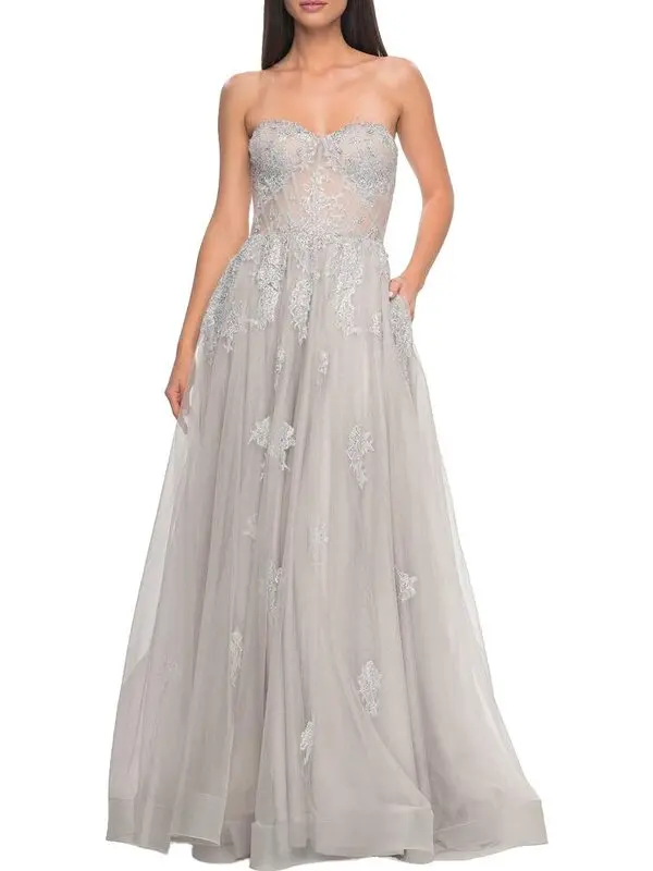 LABOMME Lace A-line Gown With Rhinestone Details - Silver