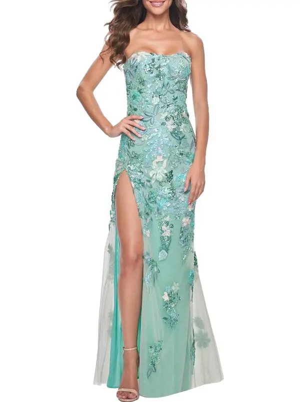 La Femme Lace Floral Applique Strapless Gown - Sage