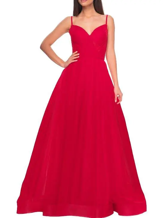 LABOMME Tulle A-line Gown With Ruched Bodice - Red