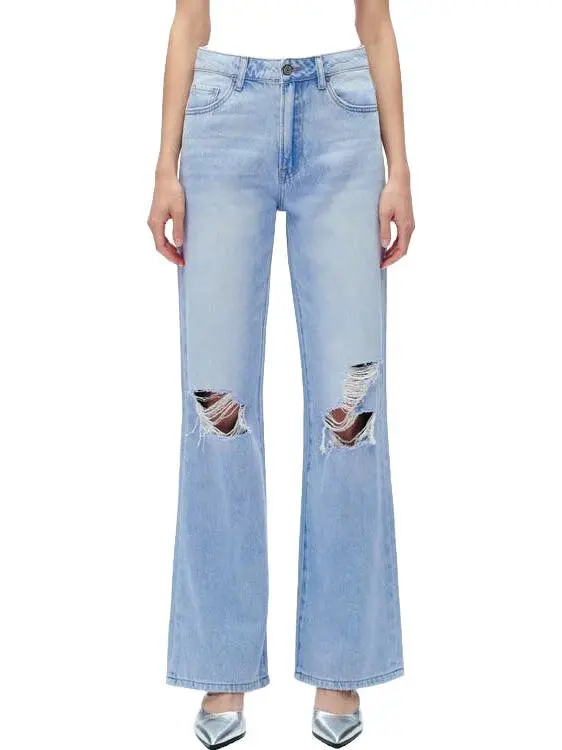 BAYEAS High-waist Wide Leg Jeans With Ripped Details - Sky Blue