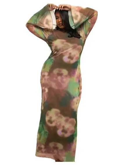 FASHION-SZN CURVE Floral Print Mesh Maxi Dress - Green
