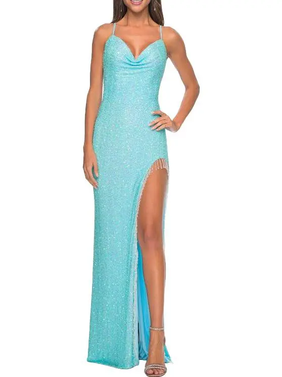 LABOMME Sequin Gown With Beaded Fringe Slit - Light Blue