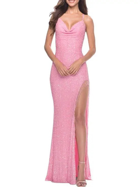 LABOMME Sequin Gown With Beaded Fringe Slit - Light Pink