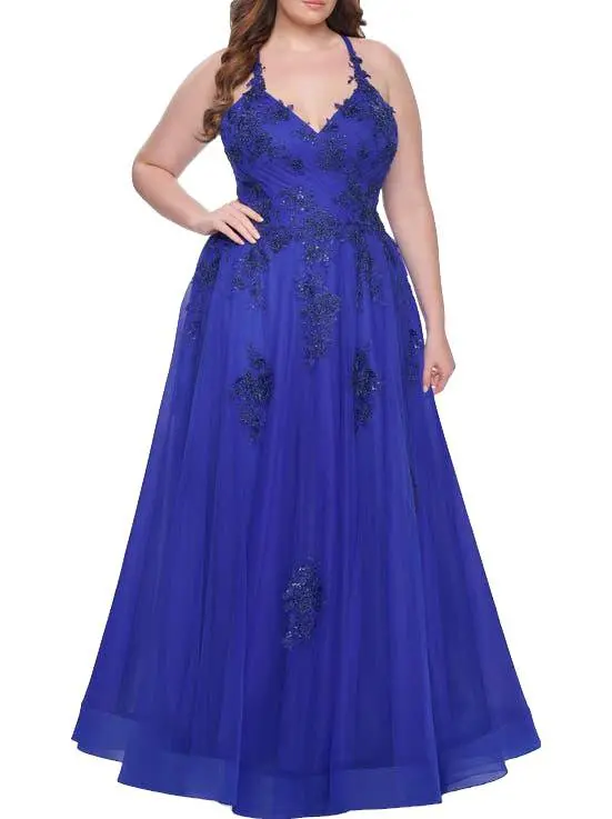 LABOMME A-line Tulle Gown With Lace Applique And Tie Back - Royal Blue