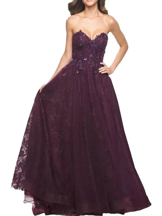 LABOMME A-line Gown With Lace Lining And Beaded Embellishments - Dark Berry