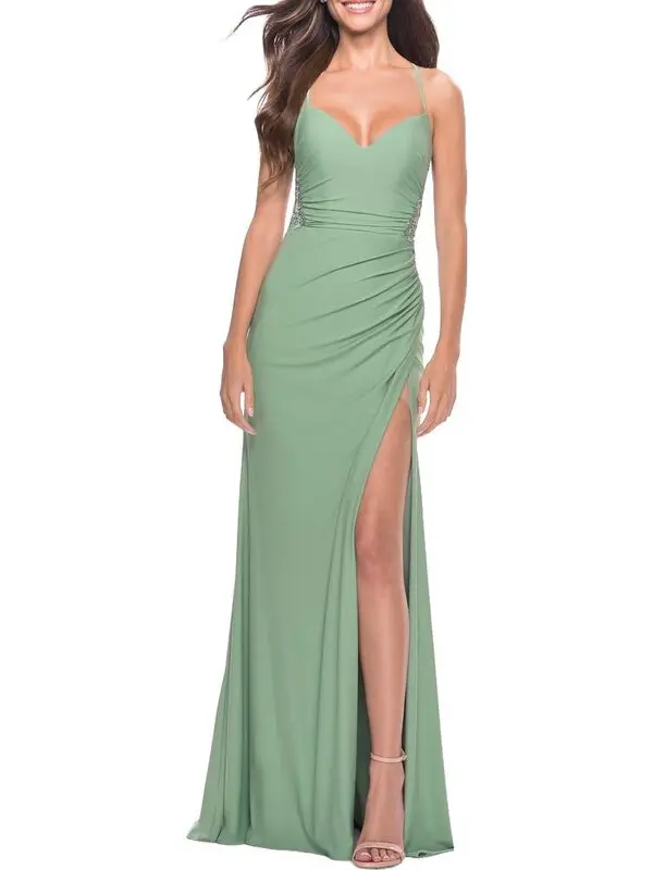 LABOMME Sheer Lace Side Panel Jersey Gown - Sage