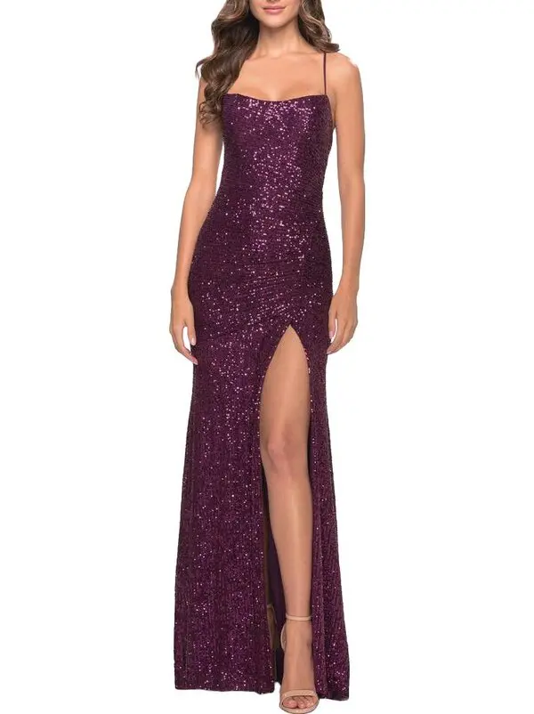 LABOMME Lace-up Back Sequin Gown - Dark Berry