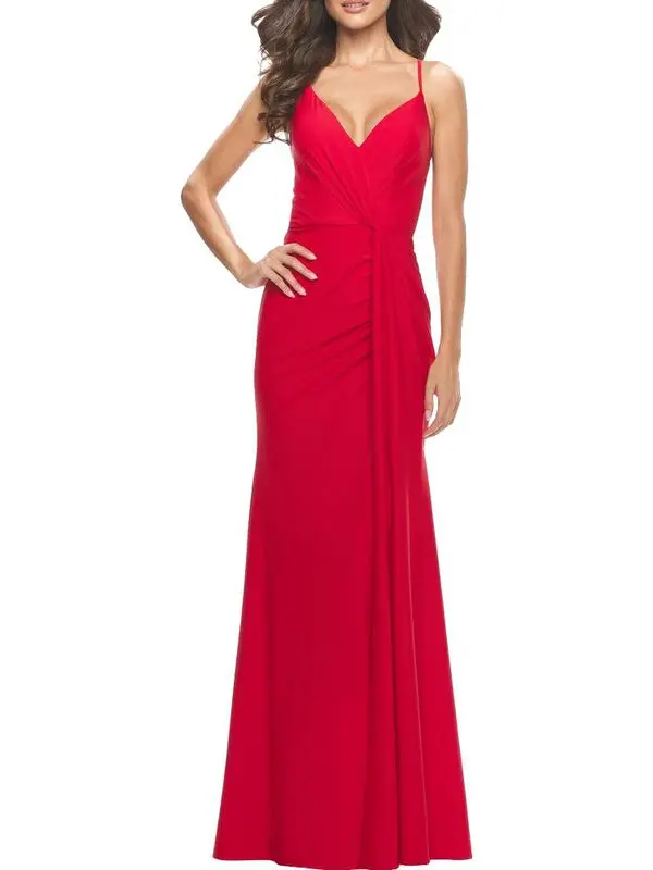 La Femme Soft Jersey Column Dress With Knot Waist And Lace-up Back - Red