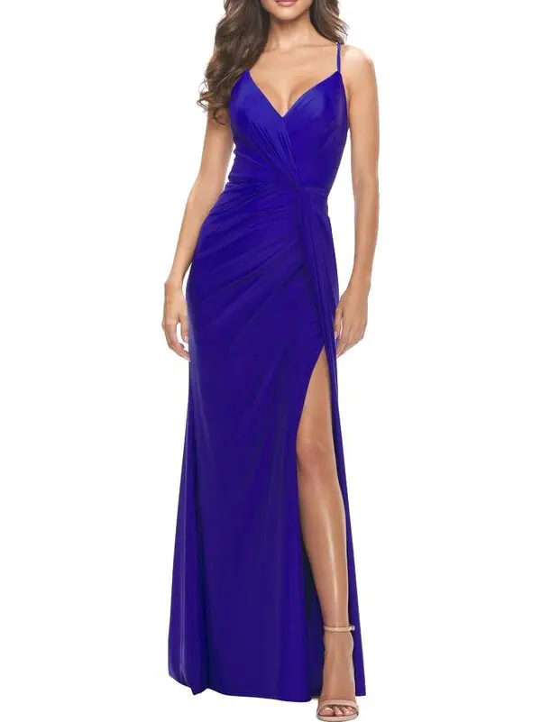 LABOMME Soft Jersey Column Dress With Knot Waist And Lace-up Back - Royal Blue