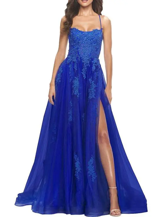 LABOMME A-line Tulle Gown With Floral Embroidery And Pockets - Royal Blue