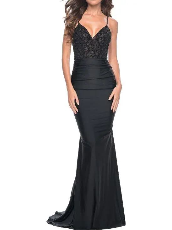 La Femme Beaded Illusion Top Prom Dress With Jersey Skirt - Black