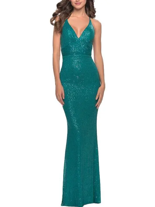 La Femme Sequin V-neck Gown With Lace-up Back - Peacock