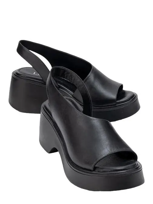 FOREVER & ALWAYS SHOES Roy Leather Wedge Sandal - Black Leather