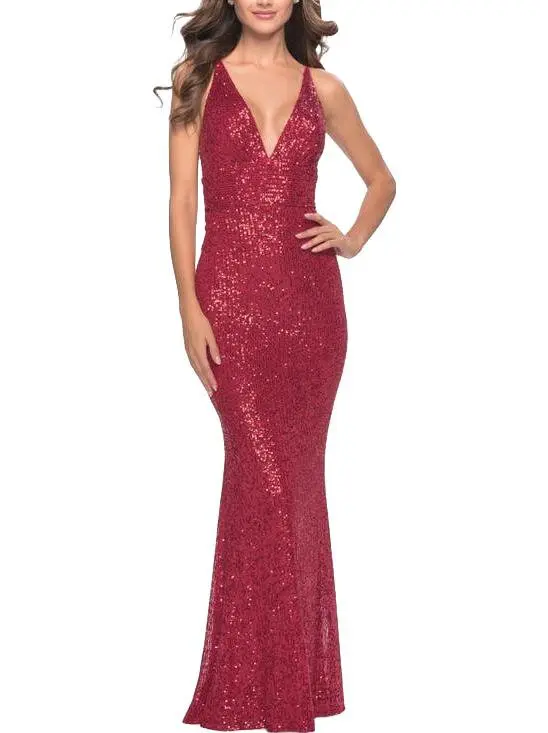 La Femme Sequin Stretch Prom Gown With Lace-up Back - Red