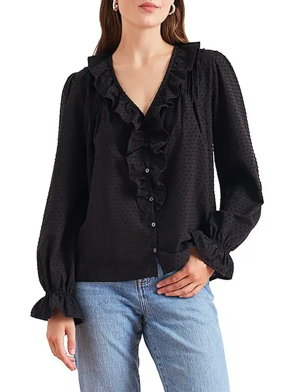 PANEROS CLOTHING Long Sleeve Chloe Swiss Dot Ruffle Shirt - Black