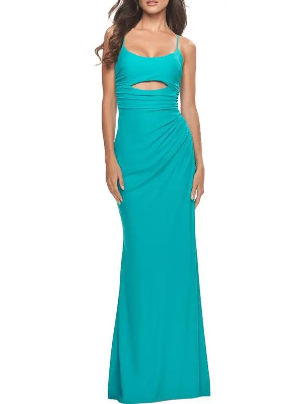 LABOMME Cut Out Jersey Gown With Lace Up Back - Aqua