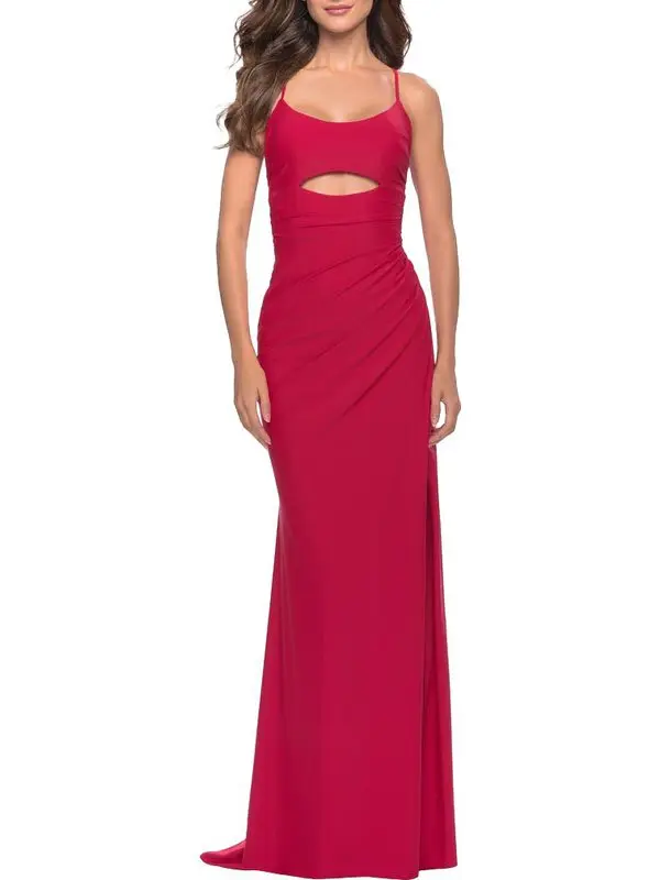 LABOMME Cut Out Jersey Gown With Lace Up Back - Red