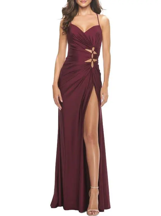 LABOMME Jersey Column Gown With Cut Outs - Dark Berry