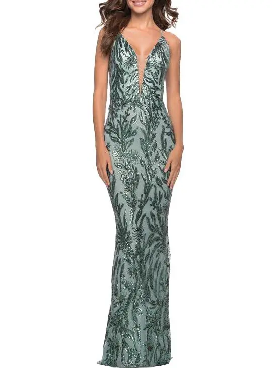 LABOMME Sequin Gown With Deep V Neckline - Jade
