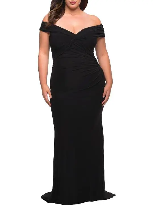 La Femme Long Net Jersey Plus Gown - Black
