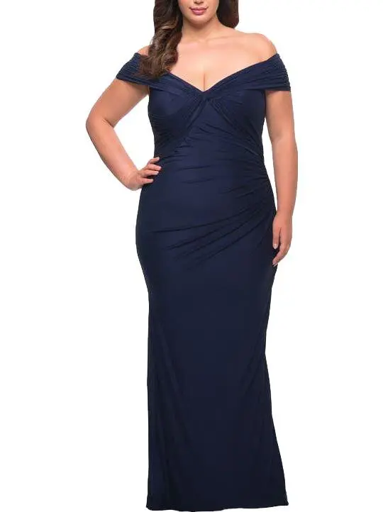 La Femme Long Net Jersey Plus Gown - Navy