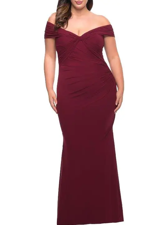 La Femme Long Net Jersey Plus Gown - Wine