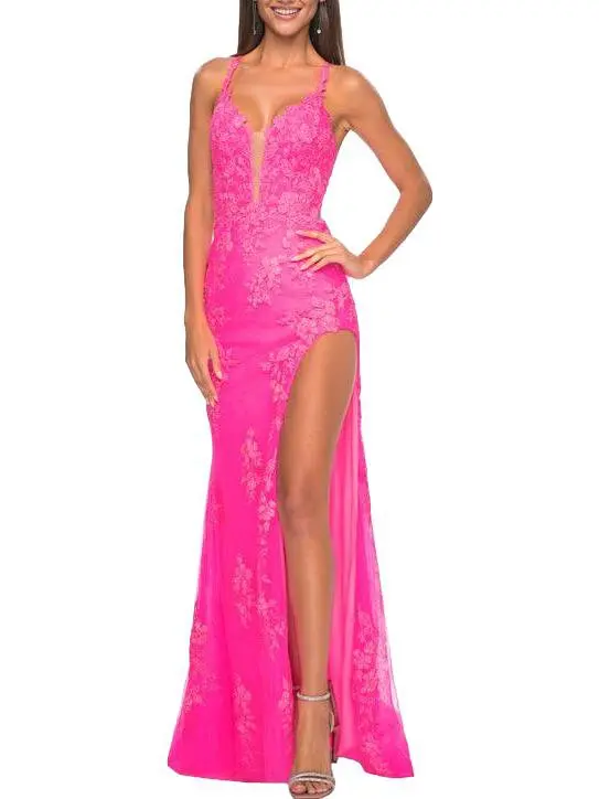 LABOMME Lace Fitted Gown With Deep V-neckline - Neon Pink