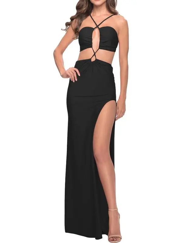 La Femme Jersey Gown With Cut Outs And Criss Cross Straps - Black