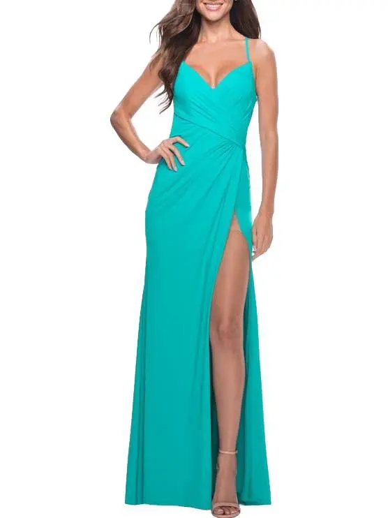 LABOMME Long Jersey Dress With Ruching And Lace-up Back - Aqua