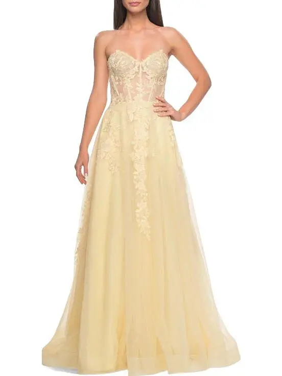 LABOMME Strapless Sweetheart Tulle Gown With Lace Applique - Pale Yellow