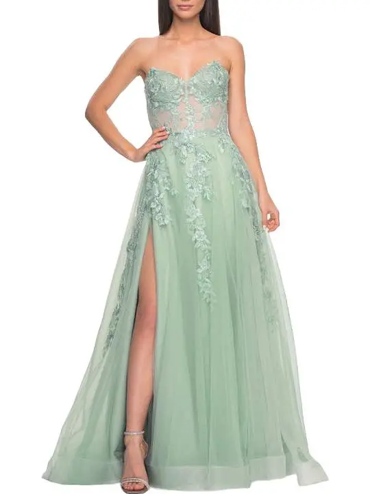La Femme Strapless Sweetheart Tulle Gown With Lace Applique - Sage