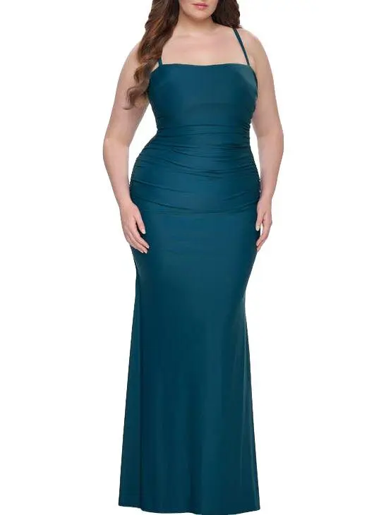 La Femme Ruched Jersey Dress With Lace-up Back - Dark Teal