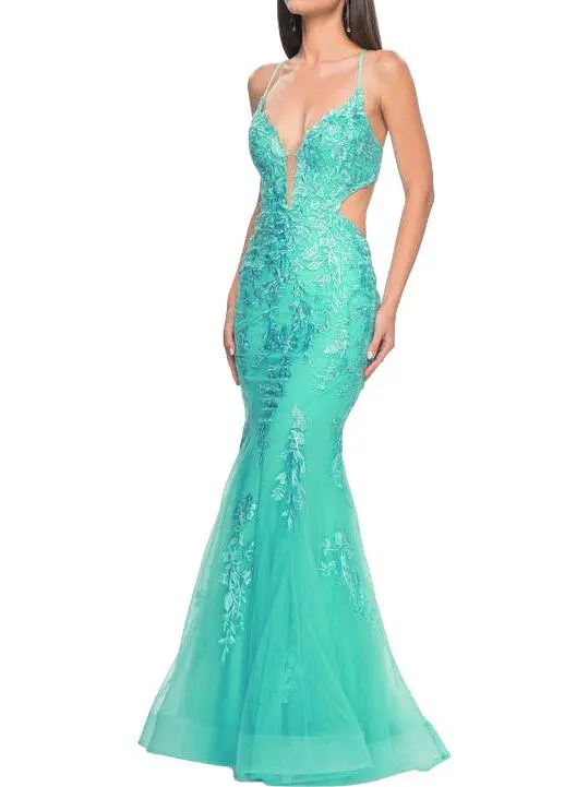 LABOMME Lace And Tulle Mermaid Gown - Aqua