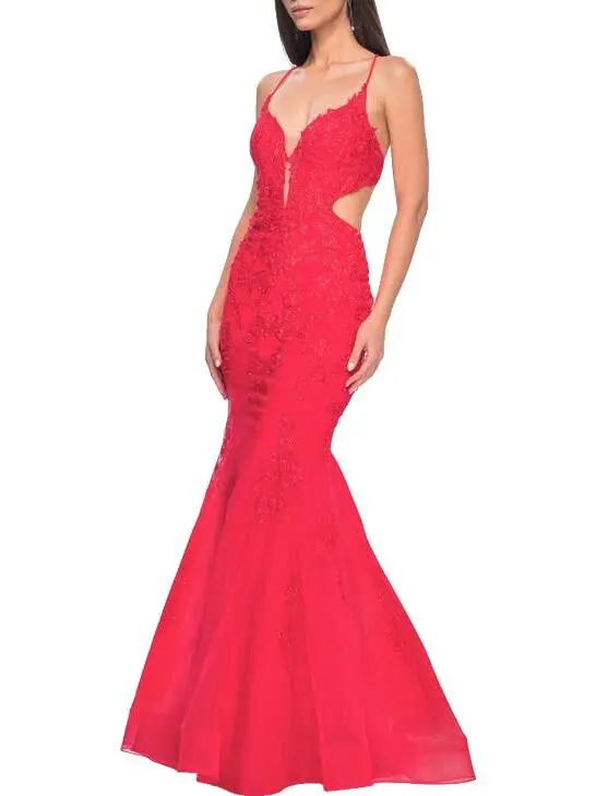 LABOMME Lace And Tulle Mermaid Gown - Hot Coral